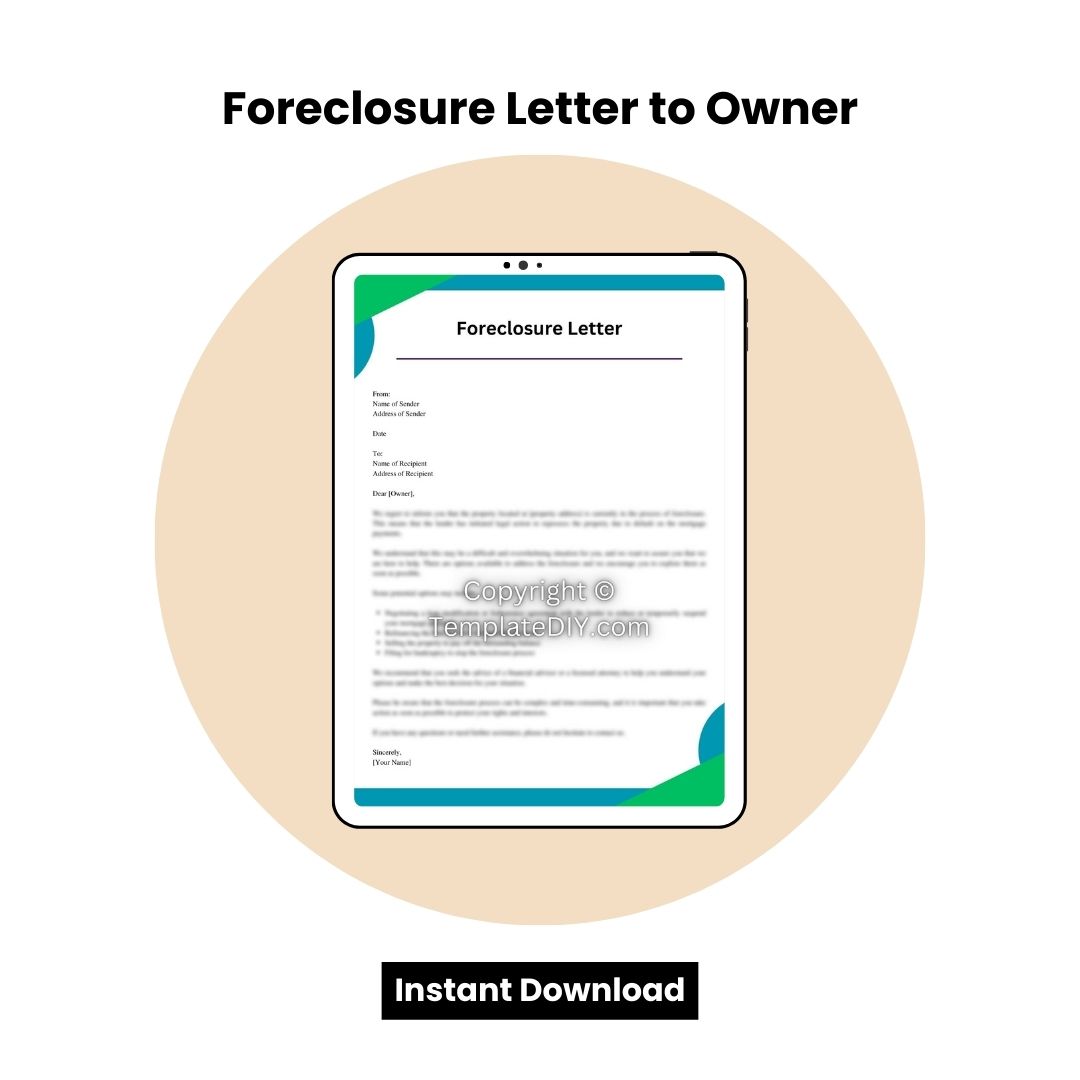 Foreclosure Letter to Owner Printable Sample with Examples