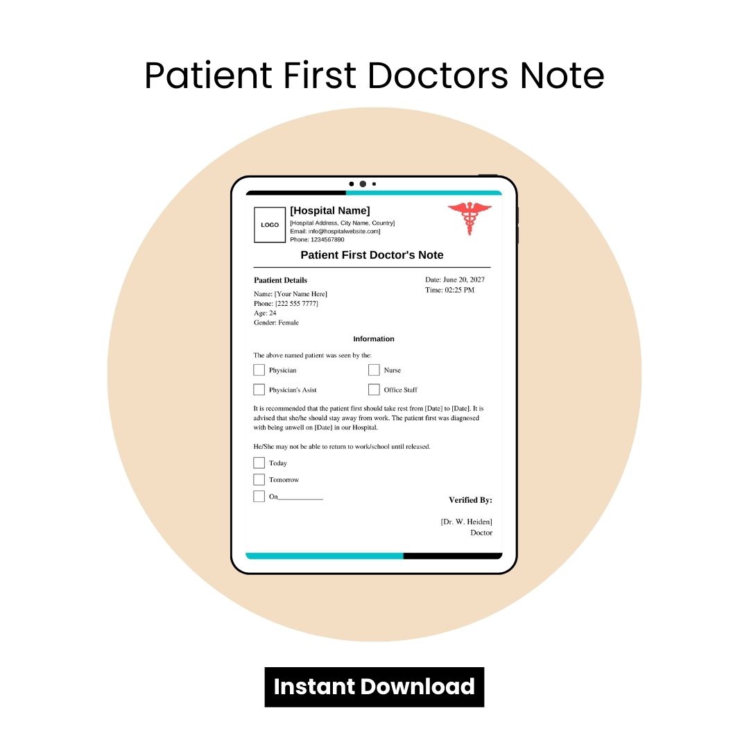 Patient First Doctors Note Template Printable in PDF & Word