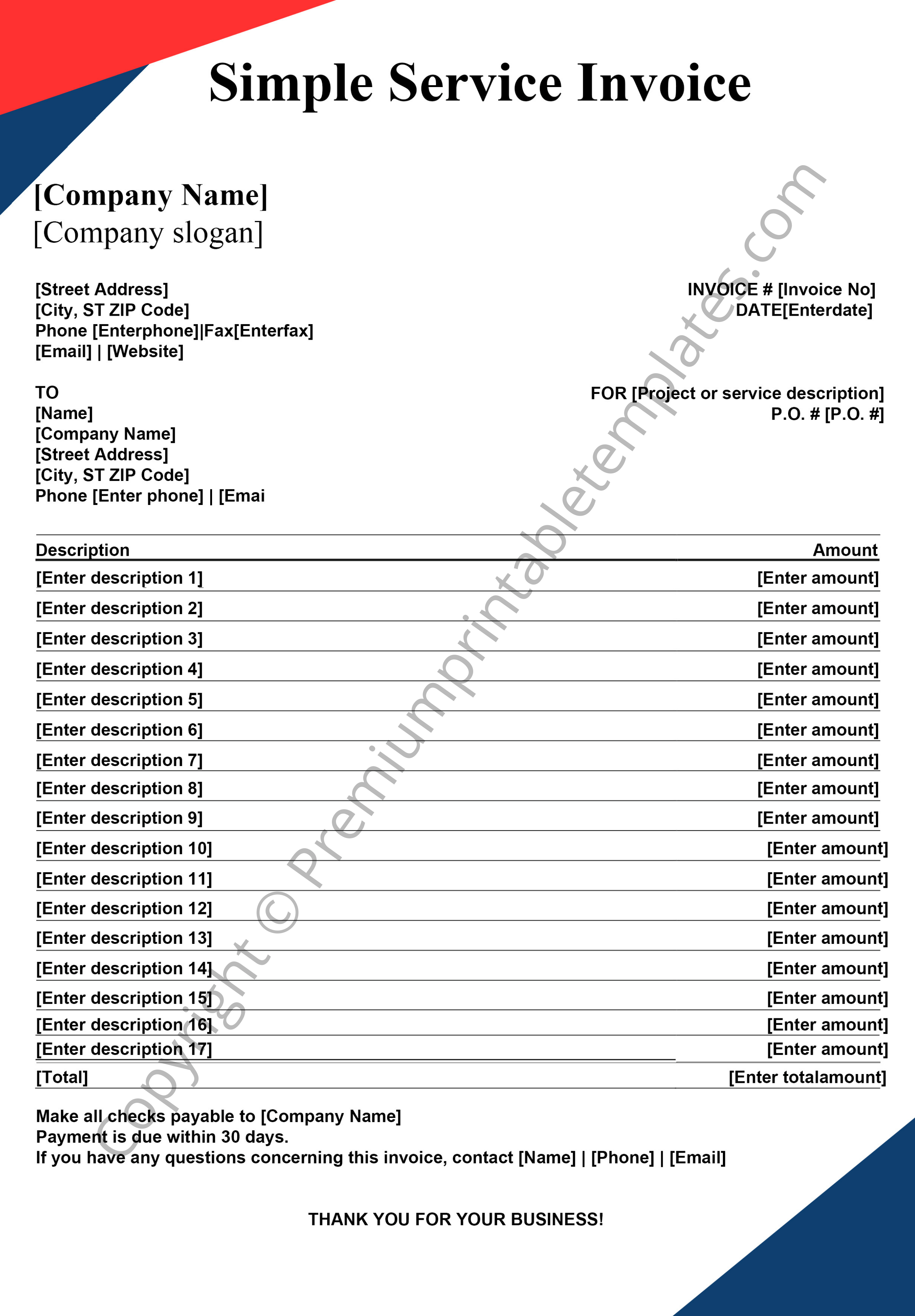 Simple Service Invoice Blank Printable PDF, Word