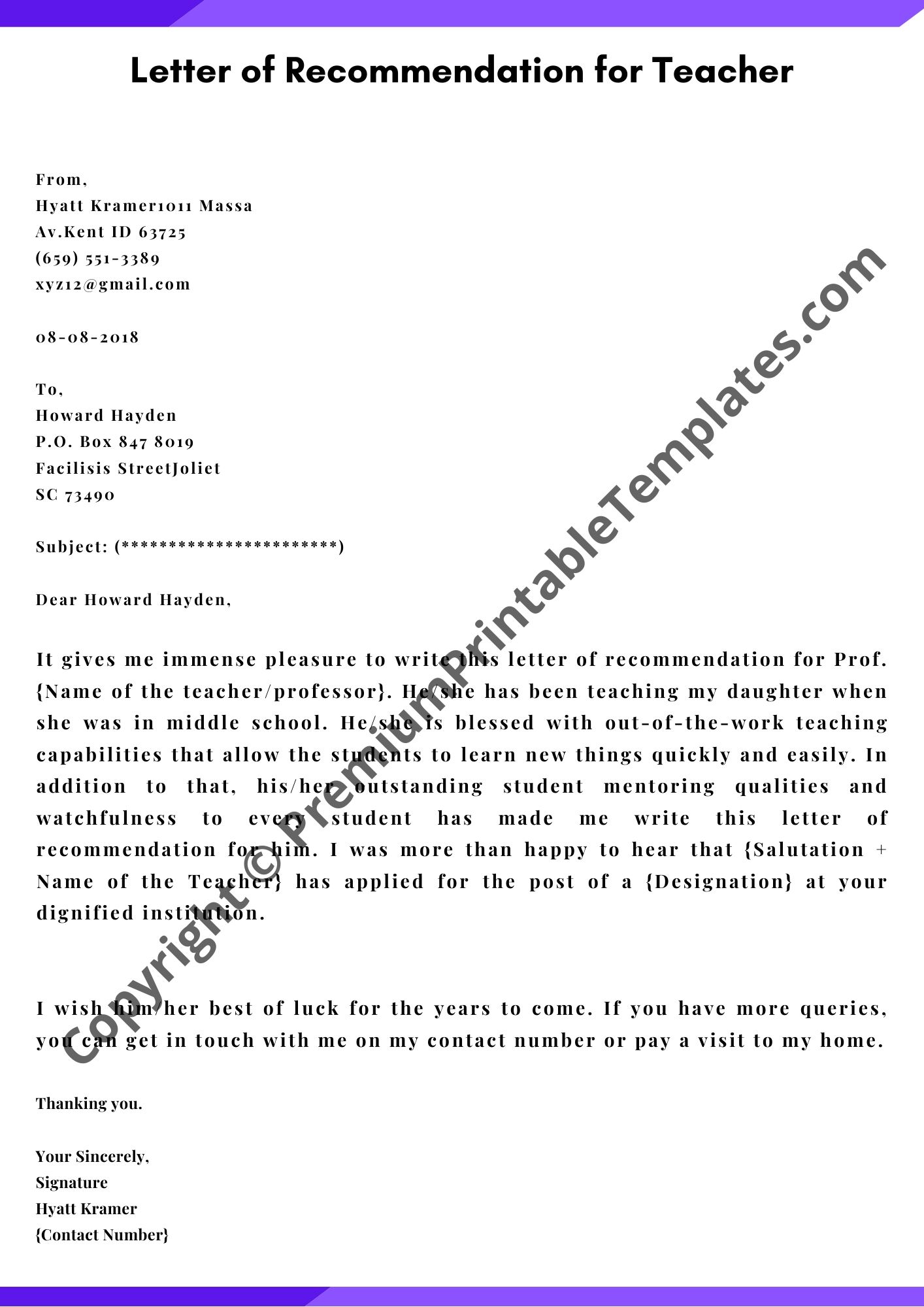 Letter of Recommendation for Teacher Printable Sample Examples