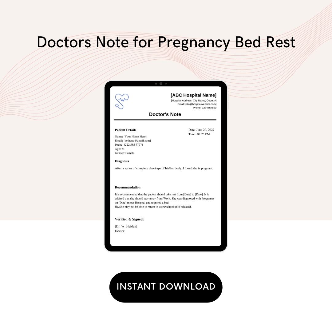 Doctors Note for Pregnancy Bed Rest Template Printable in PDF