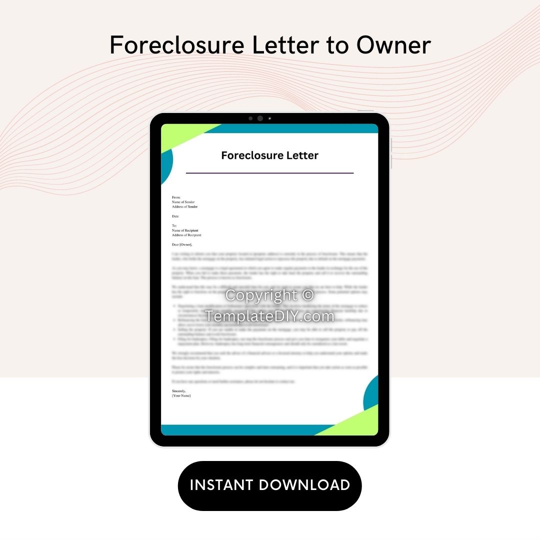 Foreclosure Letter to Owner Printable Sample with Examples